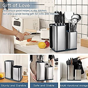 Stainless Steel Universal Knife Holder Block, Yimerlen Knife Holder Storage Multi-functional, Kitchen Knife Storage Utensils Organizer for Countertop (with Cleaning Brush)