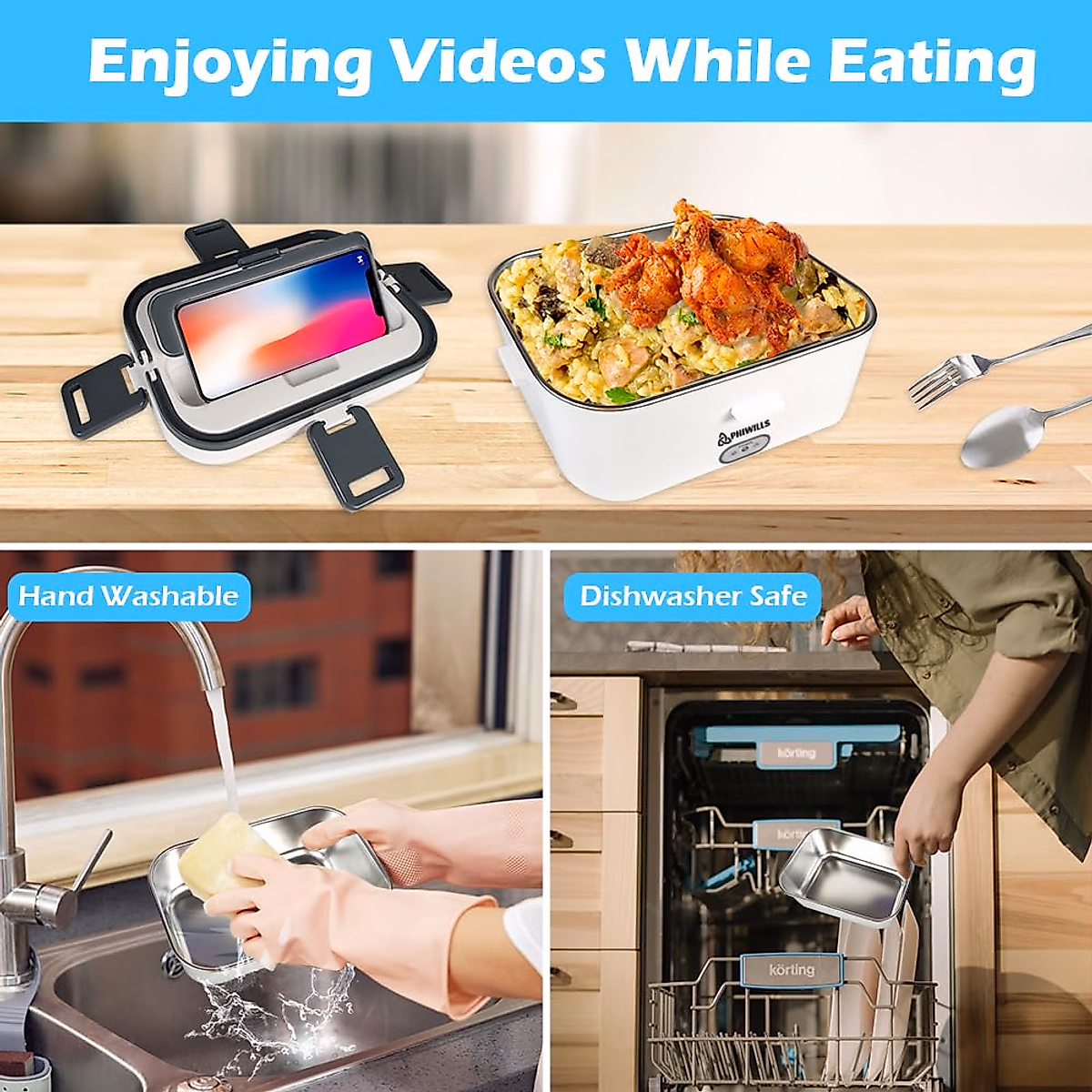 PHIWILLS 80W Electric Lunch Box 1.8L Container Food Warmer Heater, 12V/24V/110V Heated Lunchbox for Car/Truck/Work with 0.45L Compartment, Stainless Steel Spoon & Fork, Insulated Bag