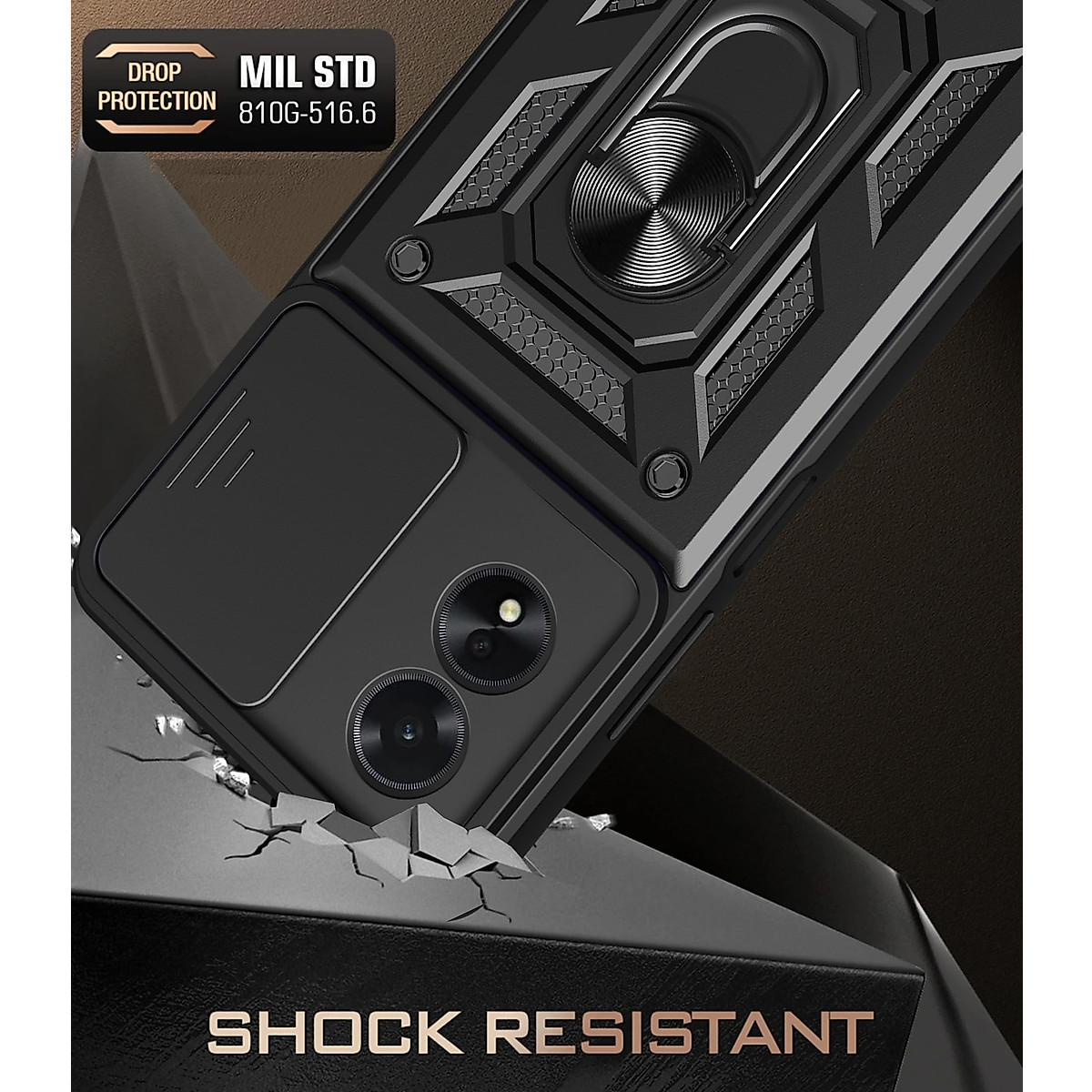 CNPUTAO Case for Oppo A78 4G with Tempered Glass Screen Protector [2 Pack],Sliding Camera Window, Kickstand, Shock-Proof Anti-Scratch Dual-Layer Phone Cover, Black