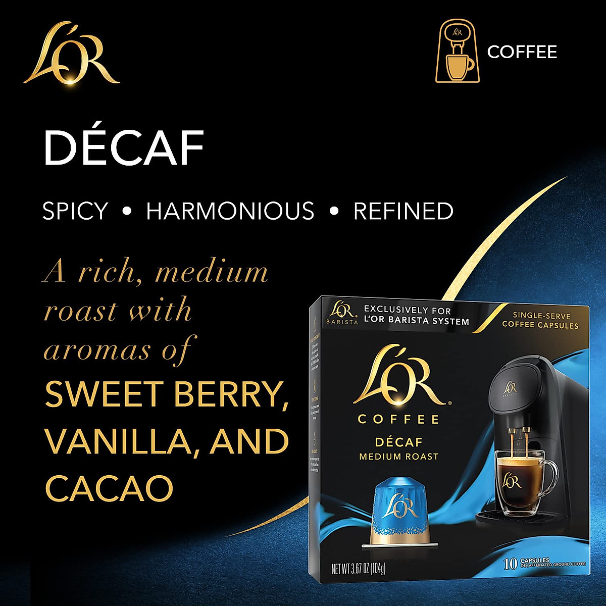 L'OR Coffee Pods, 30 Capsules DECAF Medium Roast, Single Cup Aluminum Coffee Capsules Exclusively Compatible with the L'OR BARISTA System
