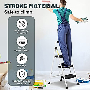 SocTone 3 Step Ladder, Folding Step Stool for Adults with Handle, Lightweight, Perfect for Kitchen& Household, 500lbs Capacity Sturdy Steel Ladder White