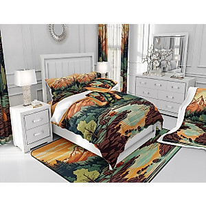 Mountain River Duvet Cover Set Queen Size,Retro Adventure Theme Comforter Cover 3Pcs,Nature Scenery Tent Bedding Set Kids Boys Girls Room Decor,Camping Bedspreads Cover,2 Pillowcases(NO Comforter)