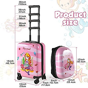 Kids Luggage and Backpack 18" Suitcase with Spinner Wheel Hard Case Travel Suitcase 13" Backpack Girl Suitcase Set for Kid Travel Suitcase Supplies (Pink, Mermaid Style)