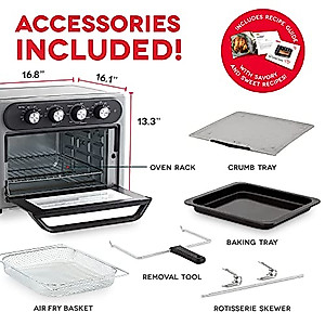 Dash Chef Series 7 in 1 Convection Toaster Oven Cooker, Rotisserie + Electric Air Fryer with Non-stick Fry Basket, Baking Pan & Rack, Skewers, Drip Tray & Recipe Book, 23L, Graphite