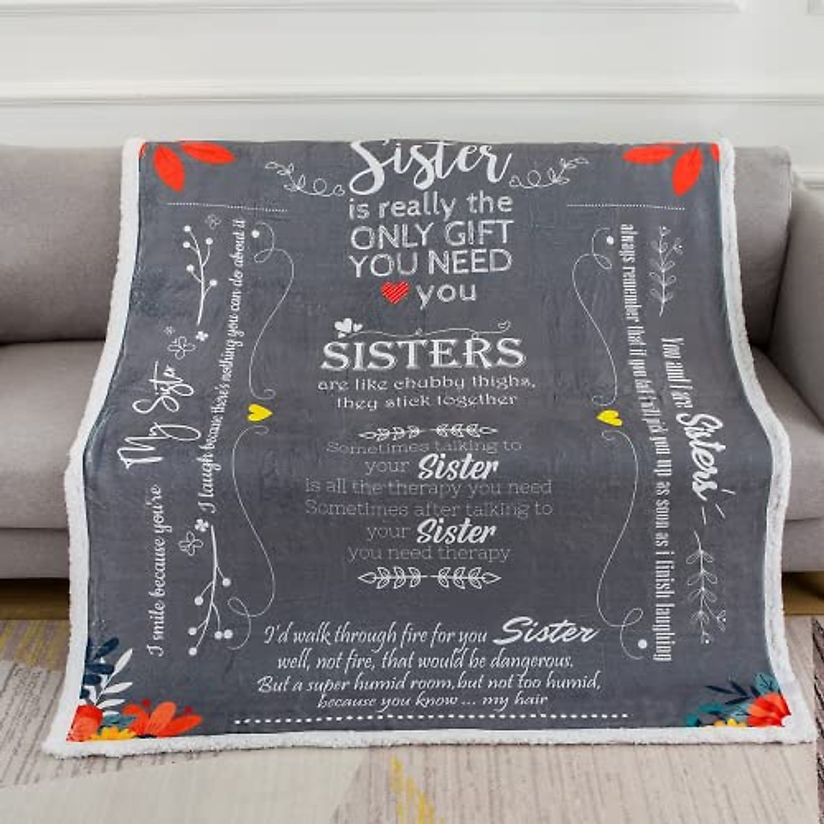 Funny Sister Blanket Birthday Gifts | Luxurious Sister Blanket with Loving Messages for Sister Birthday Gifts | Snuggly Soft Fleece Blanket Sister Gifts from Sister | 50" X 60" (Sherpa Fleece, Grey)