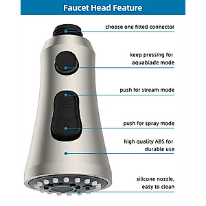 Hygie Rinse Pull Down Faucet Head Replacement with 11 Adapters Compatible with Moen Delta Faucet Head, 3 Function Kitchen Sink Faucet Sprayer Head Fit Most Faucet, Brushed Nickel