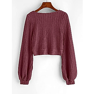 ZAFUL Women's Pullover Ribbed Cropped Knitwear Drawstring Ruched Knitted Crop Top Solid V-Neck Long Sleeve T-Shirt