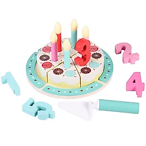 Birthday Cake Cutting Toys, Wooden Play Food Set for Kids Toddlers, Pretend Play Kitchen Toys for Boys Girls