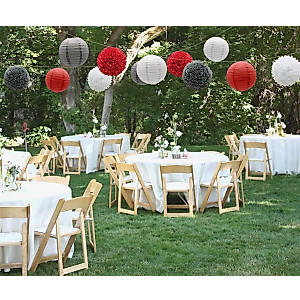 KAXIXI Hanging Party Decorations Set, 15pcs Red Gray White Paper Flowers Pom Poms Balls and Paper Lanterns for Wedding Birthday Bridal Baby Shower Graduation