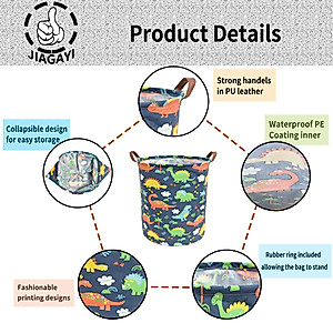Foldable Laundry Hamper - JIAGAYI Large Round Waterproof Organizer with Handles,Home Storage,Room Toys Books Bin,Bedroom Clothes Nursery Basket.（Blue Dinosaurs）
