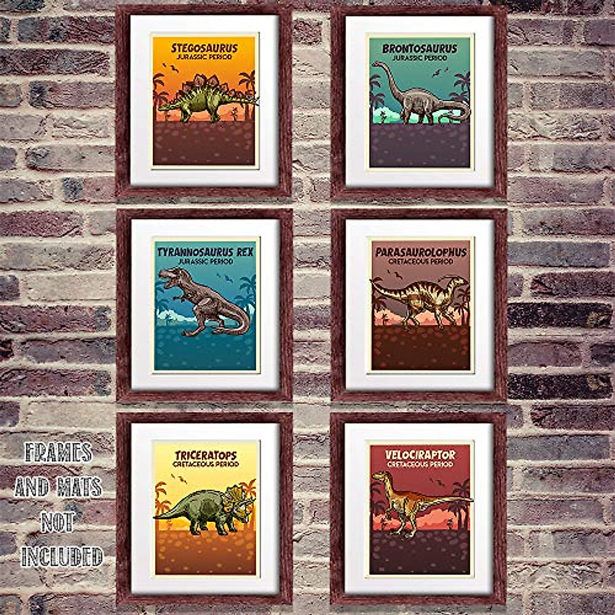 Dinosaurs - Set of Six Prints - 8x10 Unframed Art Prints - Makes a Great Gift Under $20 for Jurassic Boy's Room Wall Decor