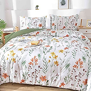 Full Size Comforter Set, White Yellow Floral, Green Leaf Pattern Print Reversible Down Alternative Bed Sets - 80 x 90 3PC Soft Microfiber Flower Duvet Vintage Farmhouse Bedding in a Bag for Women Men