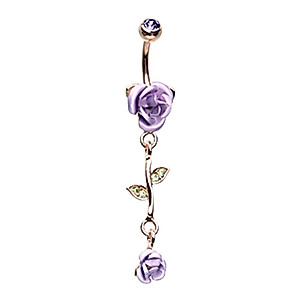 Pierced Owl CZ Crystal Leaves and Vine Rose Flower Dangle Belly Button Navel Ring (Purple)