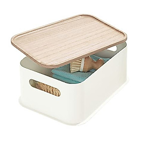 iDesign Recycled Plastic Medium Storage Bin with Handles and Paulownia Wood Lid