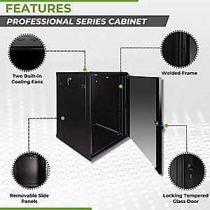 NavePoint 15U Server Rack Enclosure - 23.6” Deep, 15U Wall Mount Network Cabinet with Locking Glass Door for 19” IT Equipment, 15U Network Rack with 2 Fans, Removable Side Panels, Black