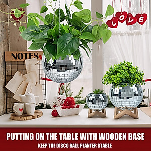 Disco Ball Planter, 4" Creative Mirror Ball Hanging Planters for Indoor Plants with Chain, Macrame Rope, Wooden Stand, Disco Ball Plant Hanger for Valentine's Decorations Hanging Plant, 1 piece