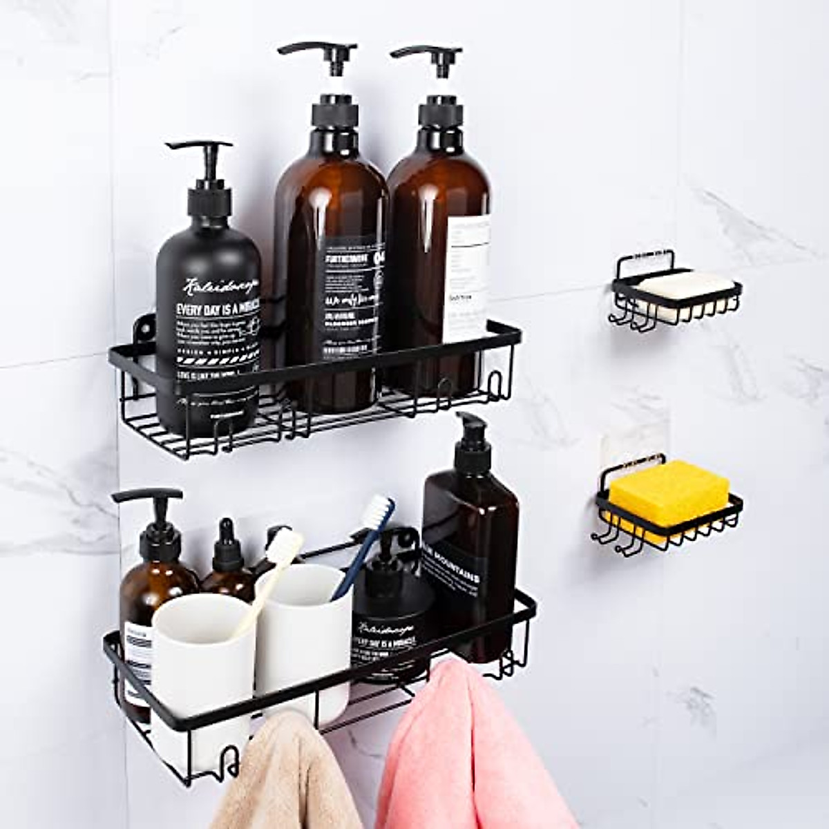Shower Shelf for Inside Shower Adhesive Shower Caddy Soap Holders and Hooks No Drilling Shelves Bathroom Storage, Stainless Steel Organizer Wall Mount Toilet Storage Accessories Rustproof 4 sets