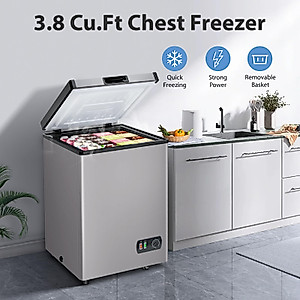 LifePlus Chest Freezer, 3.8 Cu Ft Compact Deep Freezer With Fast Cooling & Convenient Pulley, Perfect for Kitchen Apartment Office, Small Freezer With Low Noise & Energy Saving, Grey
