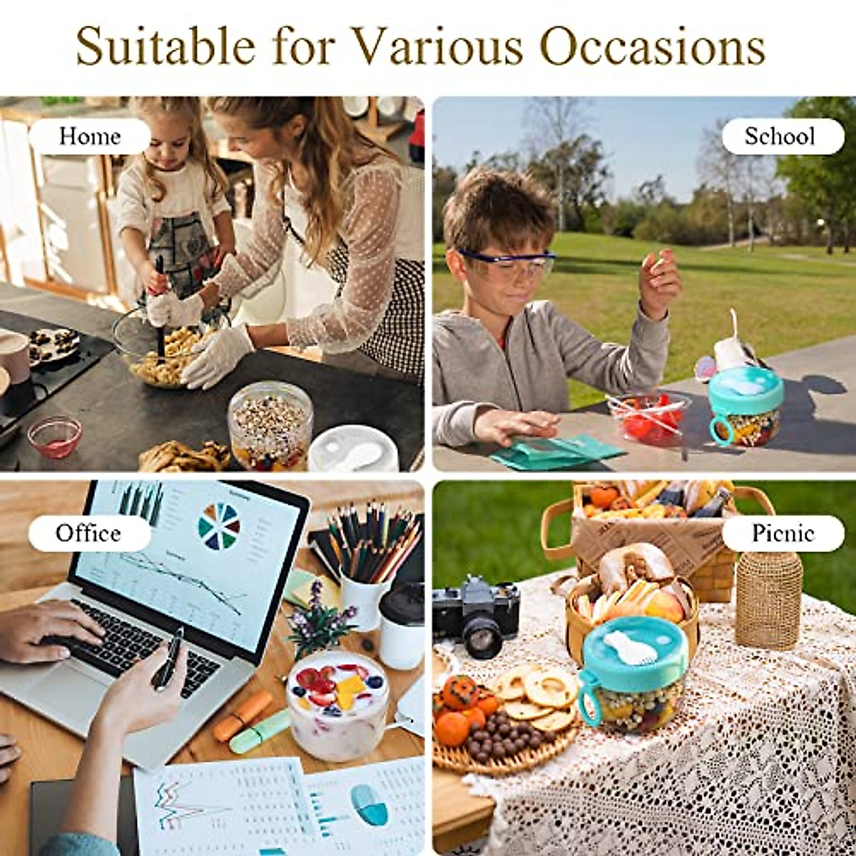 Overnight Oat Containers with Lids and Spoons 2PCS, 20oz Portable Plastic Yogurt Jars, Leak-proof Large Capacity Dessert Cups for Yogurt Breakfast On The Go Cups, Oatmeal Jars Snack Containers