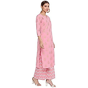 Janasya Women's Pink Foil Printed Cotton Kurta with Palazzo