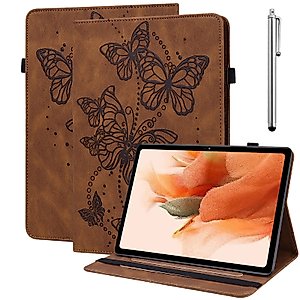 VODEFOX Case for Samsung Galaxy Tab A8 10.5'' Case 2022 SM-X200/X205/X207, PU Leather Cover Embossed Butterfly Flip Stand Shell with Elastic Band & Card Holder for Galaxy Tab A8 Tablet - Brown
