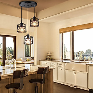 Licperron Industrial 3-Light Pendant Light, Adjustable Kitchen Hanging Ceiling Light Fixtures with Metal Cage, Black Farmhouse Pendant Lighting for Kitchen Island Dining Room Hallway, E26 Base