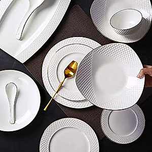 GagalU Plate Set –Ceramics Dinner Sets Ceramics Dinnerware Set,Bowl/Dish/Soup Pot/Spoon|Dinner Sets,White Embossed Gold Rim Pattern Porcelain Combination Set,49pieces