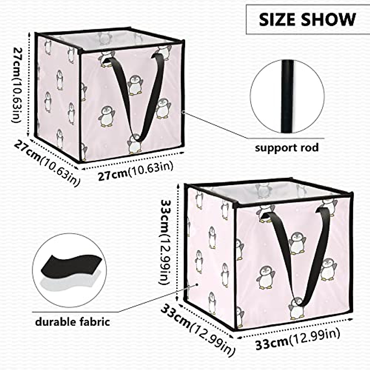 KEEPREAL Pink Background Penguin Cube Storage Bin with Handles, Large Collapsible Organizer Storage Basket for Home Decorative(1Pack,13 x 13 x 13 in)