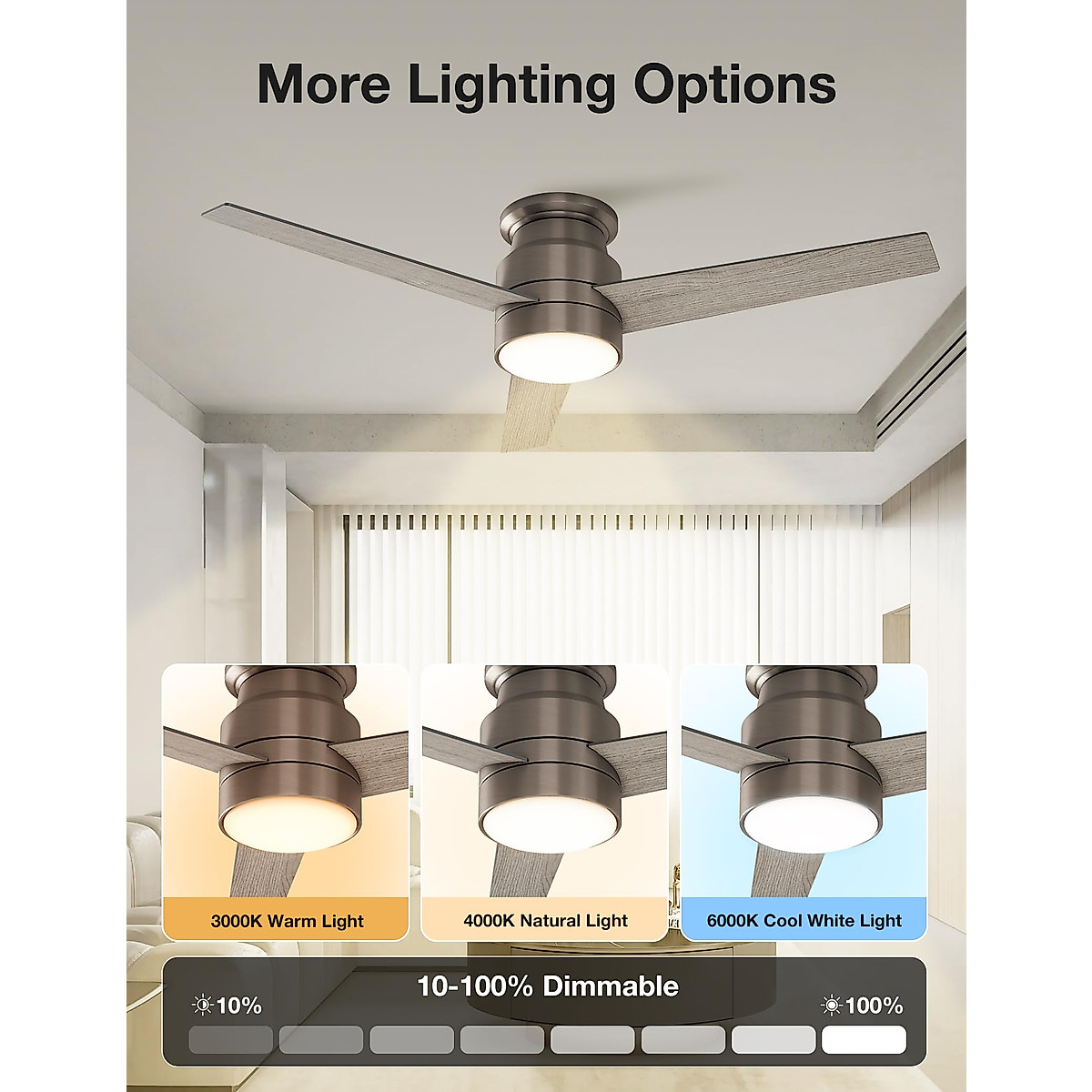 warmiplanet Flush Mount Ceiling Fans with Lights and Remote Control, 52-Inch,3 CCT Dimmable Light, Reversible Noiseless 6 Speeds DC Motor, Timer, Antique Nickel, 3-Blades