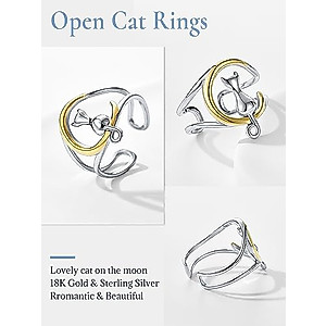 SILVERCUTE Women Cat Ring 925 Sterling Silver 18K Gold Plated Cat on the Moon Cute Wrap Ring Adjustable