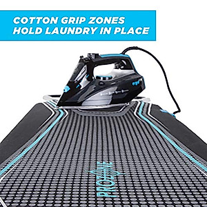 Minky Ergo Prozone Ironing Board | Made in UK | Dual Iron Rest, Heat Reflective Cover, Thick Felt Underlay - Freestanding Ironing Board with Large 48" x 15" Ironing Surface (Gunmetal and Blue)