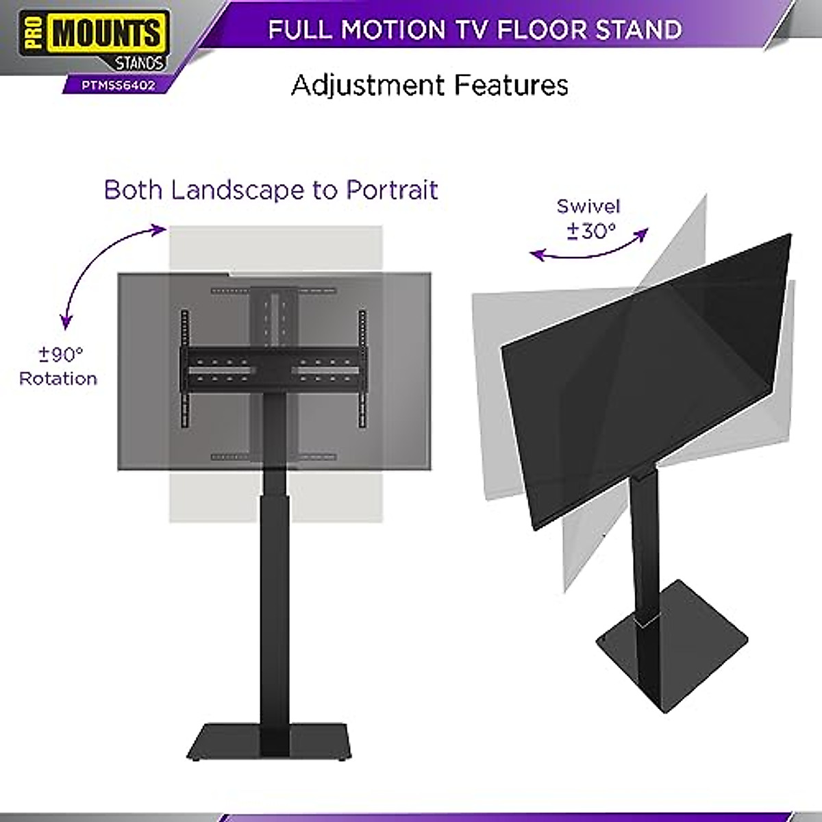 Portrait to Landscape TV Stand for 32" to 75" TVs, Height Adjustable 360° Rotating Monitor Stand with Glass Base, Floor TV Stand Mount with ±30° Swivel Range, Max VESA 600x400 Menu Wall Board