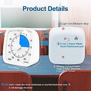 Yunbaoit Visual Timer with Night Light, 60-Minute Countdown Timer for Kids and Adults, Silent Classroom Timer, Time Management Tool for Home, School, or Work (Light White)