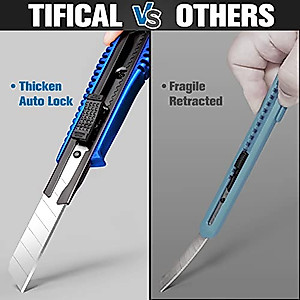 TIFICAL Box Cutter Retractable, Auto-Lock Utility Knife, 18MM Box Knife with 10 Blades, ABSs Handle Box Opener for Cutting Boxes, Cartons, Cardboard, Leather, Smooth Retractable Mechanism (Blue)
