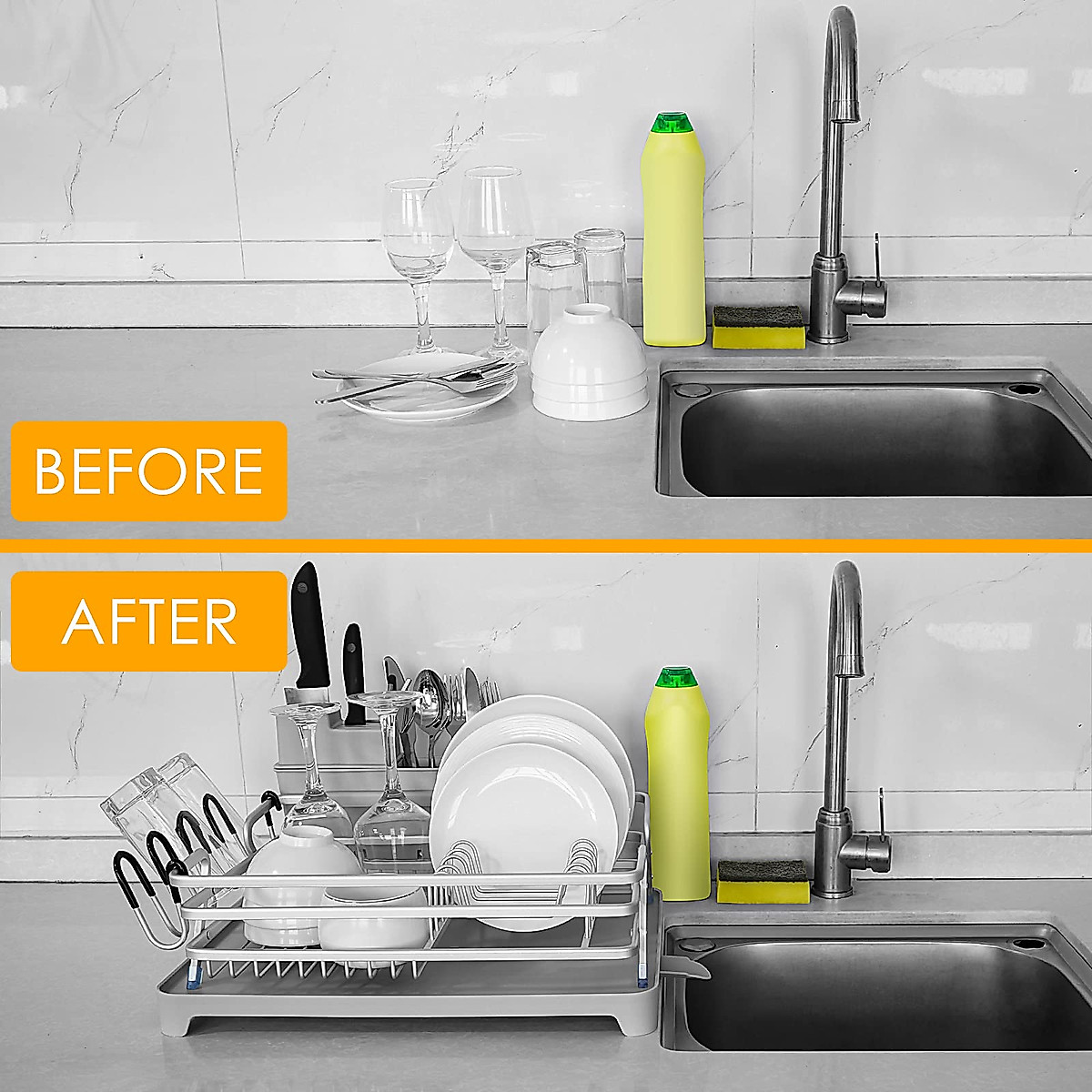 Linkidea Aluminum Dish Drying Rack, 16.9" x 12.6" Compact Rustproof Dish Rack and Drainboard Set, Dish Drainer Strainers with Adjustable Drainage and Removable Cutlery and Cup Holder Fit Kitchen