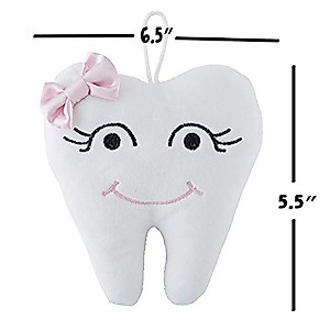 Stephan Baby Plush Tooth-Shaped Fairy Pillow, White with Pink Bow, 5 1/2 inch