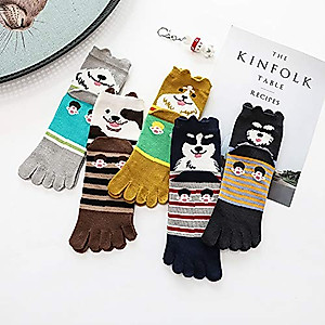 Hellomamma Women's Toe Sock Cute Cat Dog Ankle Sock Cotton Athletic Running Five Finger Socks for Girls (5 Pairs)