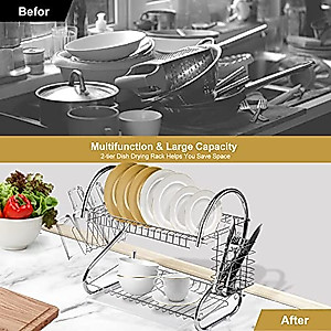 Zvonema Dish Drying Rack, Stainless Steel Dish Racks for Kitchen Counter, 2 Tier Small Dish Drainers with Drainboard & Removable Utensil Holder, Space Saving Dish Rack, Silver