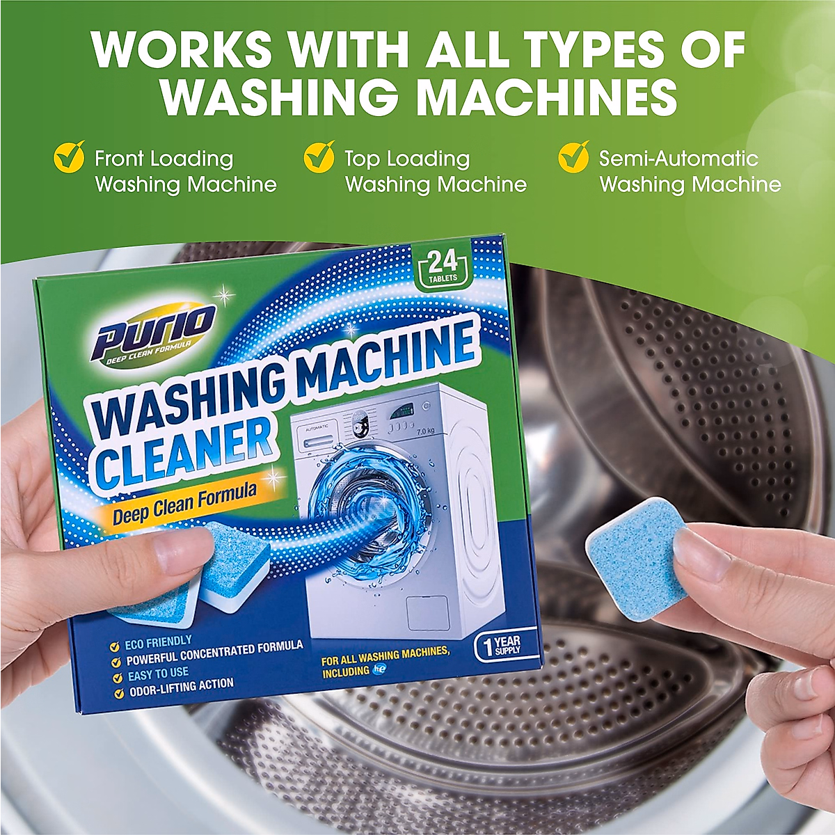 PURIO Washing Machine Cleaner Tablets 24-Ct Deep Cleaning Formula Washer Machine Cleaner Top Load & Front Load Standard & HE Washers