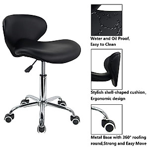 KKTONER PU Leather Low Back Rolling Stool Height Adjustable Modern Shell Shape Seat Home Office Drafting Chair with Wheels (Black)