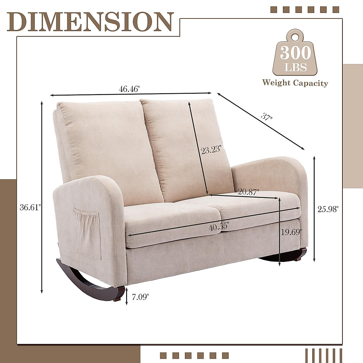 Antetek Modern Double Rocking Chair, Oversized Glider Rocker for Nursery and Kids, Loveseat Accent Armchair with High Backrest and Wide Pocket, Upholstered Lounge Chair for Living Room, Beige