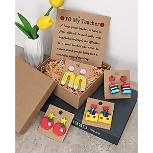 Tuitessine Teacher Polymer Clay Earrings with Appreciation Card Apple Pencil Books Crayons Jewelry for Mrs. Teacher Master Tutor Christmas Holidays Gift Basket Set of 4 Earrings in A Wrapped Box