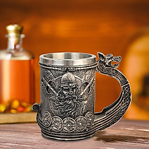 ZENFUN Noric Viking Ship Dragon Beer Mug, 18/8Stainless Steel Drinking Tankard, 17 OZ Wine Coffee Cup, Norse Mythology Poetic Decor Beer Mug, Great Gift for Men