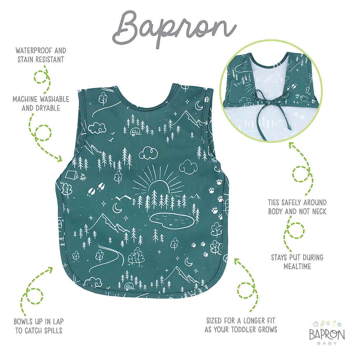 BapronBaby Pine Forest Bapron - No Neck Tie Safer Bib for Baby & Toddler - Soft Waterproof Stain Resistant - Machine Washable - Sz Baby/Toddler 6m-3T