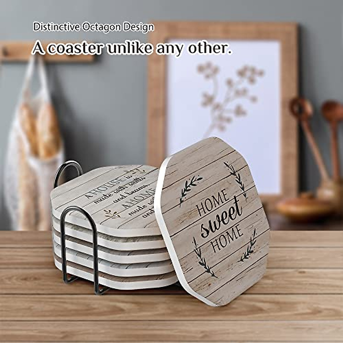 UMIRRO Rustic Farmhouse Coasters for Coffee Table Decor, Ceramic Coaster Set with Holder for Wooden Table, Cute Cup Coasters for Drinks Absorbent, Housewarming Gifts for New House/Home, 4", 6 Pack