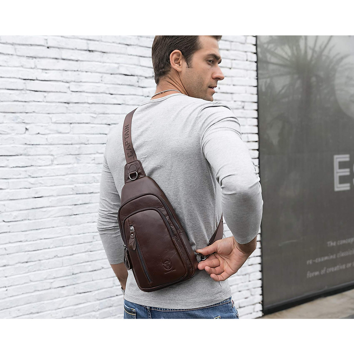 BULLCAPTAIN Genuine Leather Sling Bag,Full Grain Leather Casual Crossbody Shoulder Backpack Travel Hiking Vintage Chest Bag Daypacks for Men (Coffee)