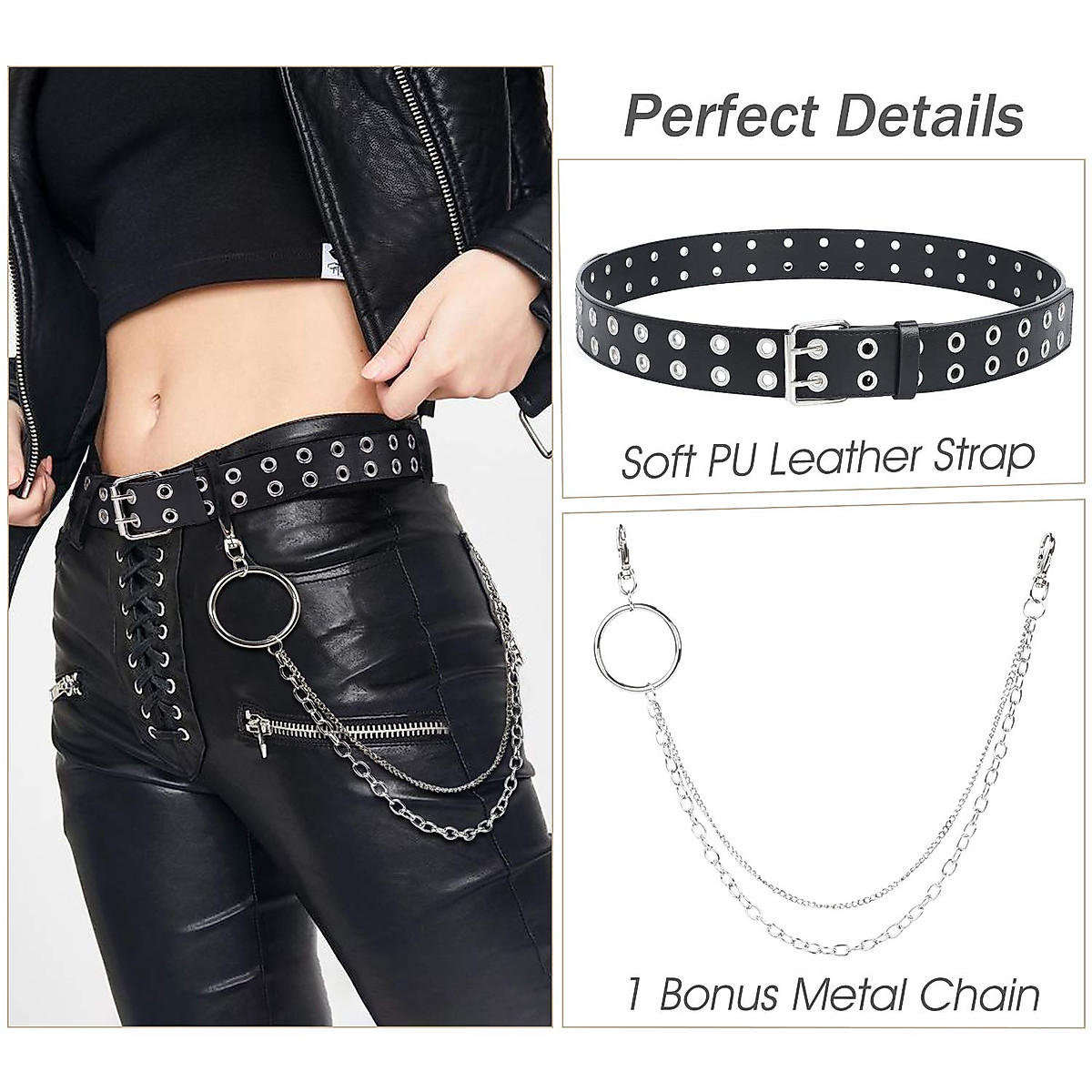 SUOSDEY Double Grommet Leather Belt with Detachable Chain for Women Men,Punk Black Belt with Double Studded Holes for Jeans