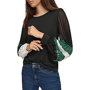 Karl Lagerfeld Paris Women's Long Sleeve Pleated Blouse, Black