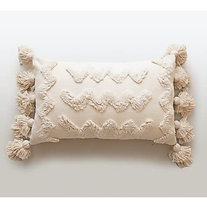 Banilla Throw Pillow Cover Bundle | Featuring a Pair of Hand Tufted Diamond Detailed 18" Pillow Covers & a 12x20 Lumbar Pillow with Chunky Tassels | Natural White