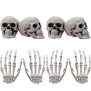 8 Pieces Halloween Decoration Set Includes 4 Halloween Mini Skulls Realistic Looking Skulls and 4 Skeleton Hands Plastic Fake Human Hands for Halloween Party Decoration